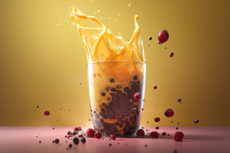 Fruit Juice and Berries in Bubble Tea with Juicy Splash in the Glass ...