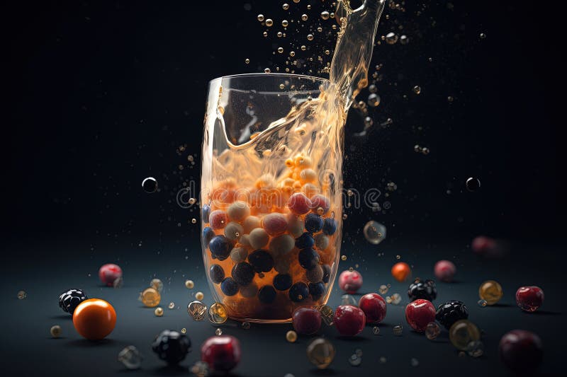 Fruit Juice and Berries in Bubble Tea with Juicy Splash in the Glass ...