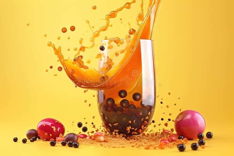 Fruit Juice and Berries in Bubble Tea with Juicy Splash in the Glass ...