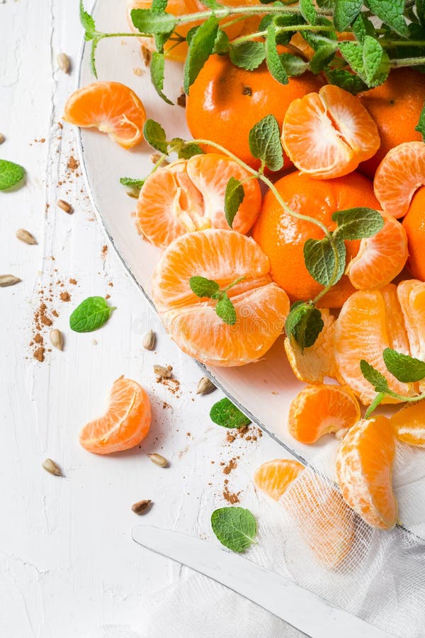 Fruit Mandarin Mint Leaves Sunflower Seeds Stock Image - Image of ...