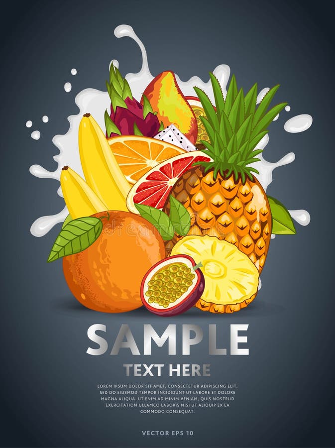 Fruit mix on milk splash stock vector. Illustration of banana - 74487756