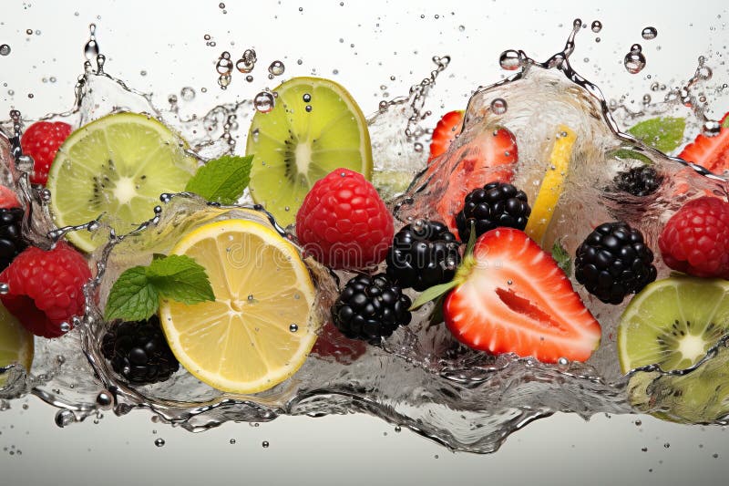 Fruit Mix in Water, Water Splashes from Fruit Falling into Water Close ...