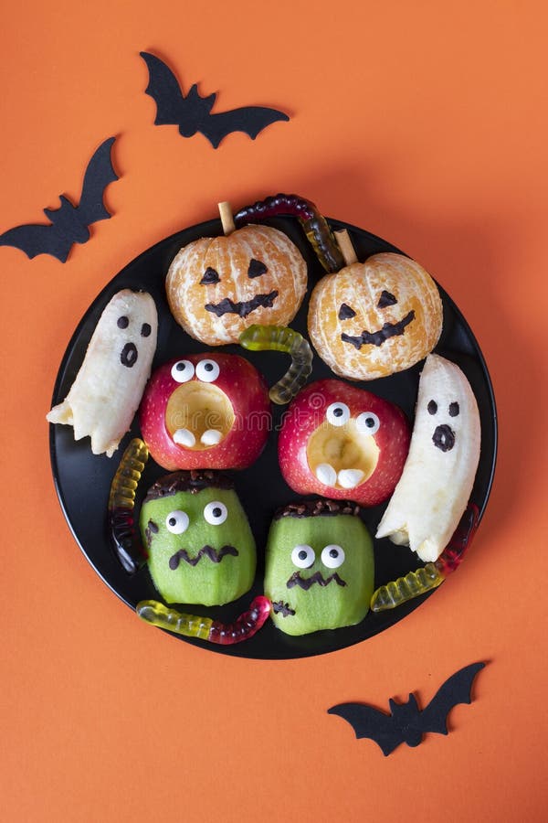 Fruit Monsters and Ghosts for a Halloween Party, Top View Stock Photo ...