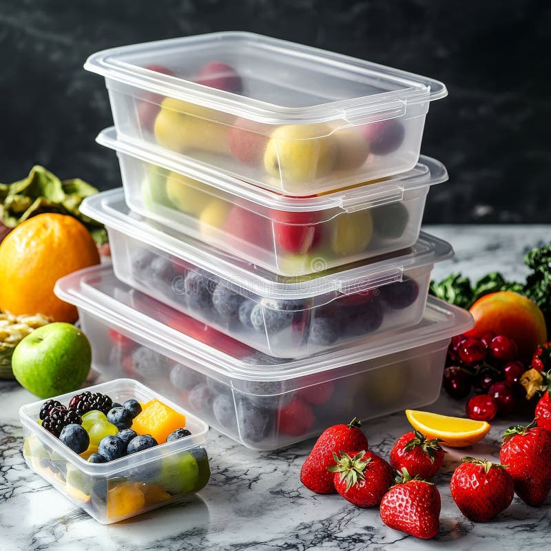 Fruit and Nut Containers Stacked in Clear Plastic Stock Image - Image ...