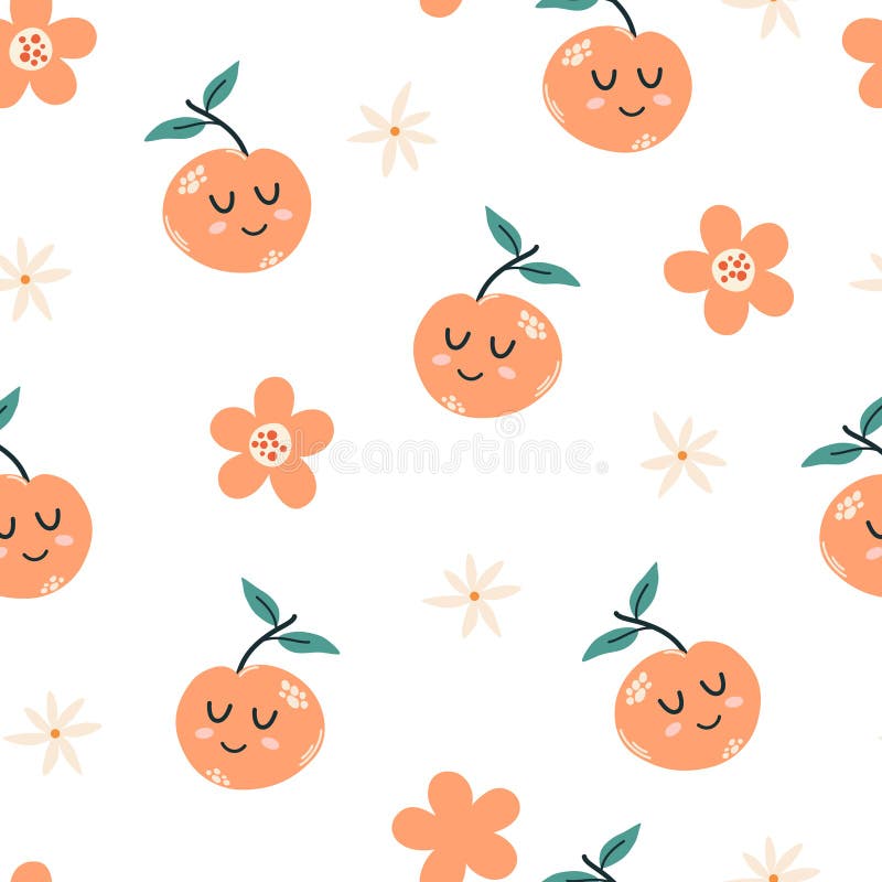 Peach Character Seamless Pattern. Peach with Smiley Face and Flowers ...