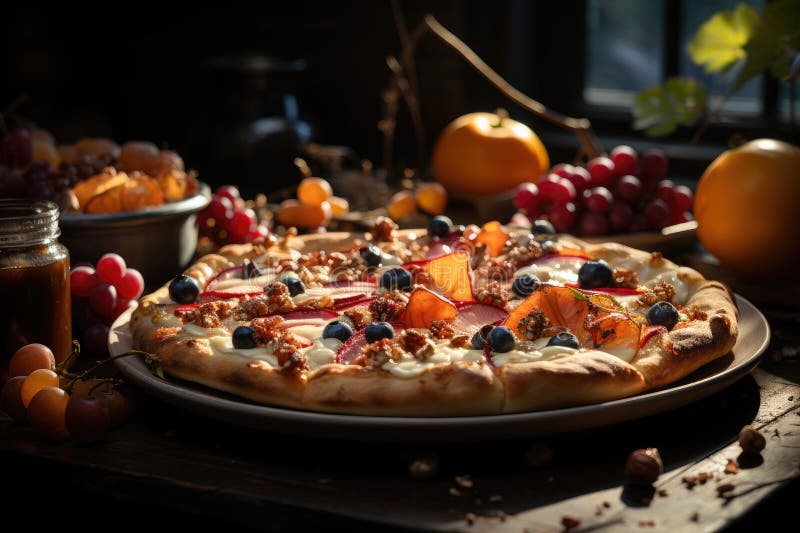 A Fruit Pie Pizza in a Fall Brunch with Falling Leaves., Generative IA ...