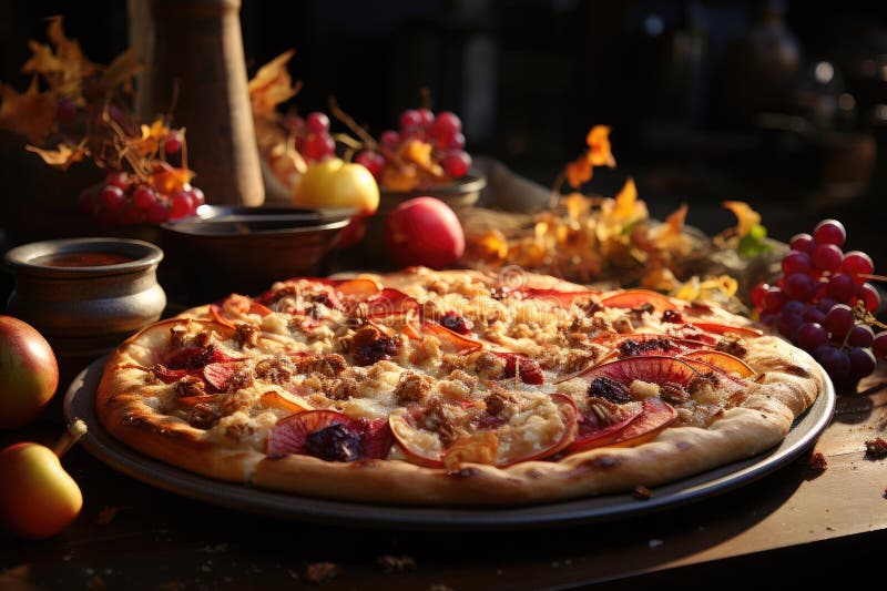 A Fruit Pie Pizza in a Fall Brunch with Falling Leaves., Generative IA ...