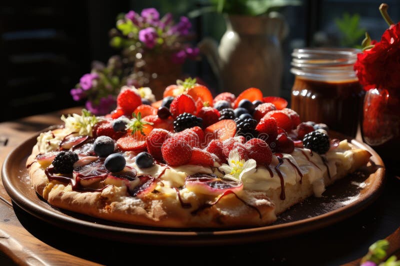 A Fruit Pie Pizza in a Spring Breakfast in a Garden., Generative IA ...