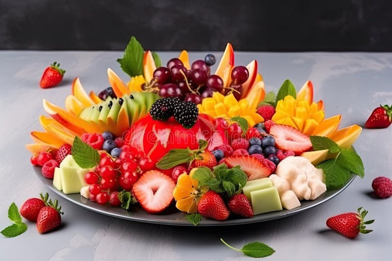 Fruit Plate with Various Fruits and Berries, Arranged in Beautiful and ...