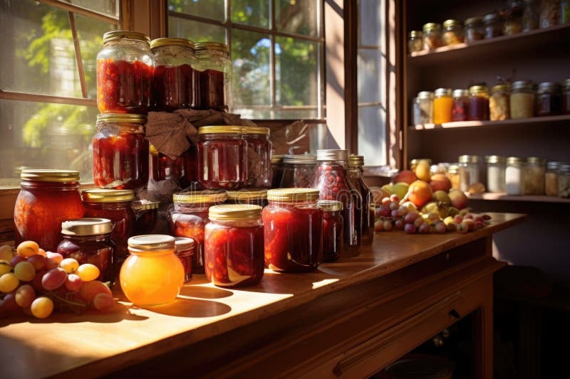Fruit Preserves and Jams in a Pantry, Lit by Warm Sunlight Stock Image ...