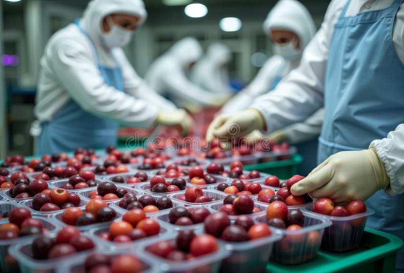 Workers Sorting Cherries on Conveyor Line for Quality Control ...