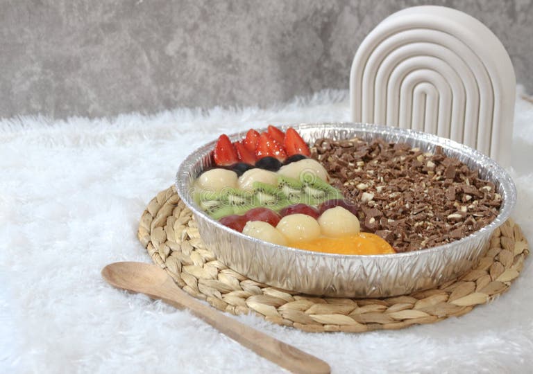 Fruit Pudding Combination. Layered Pudding with Various Fruit on Top ...