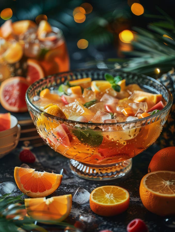 Fruit Punch in a Glass Bowl with Citrus Slices and Ice. Stock Photo ...