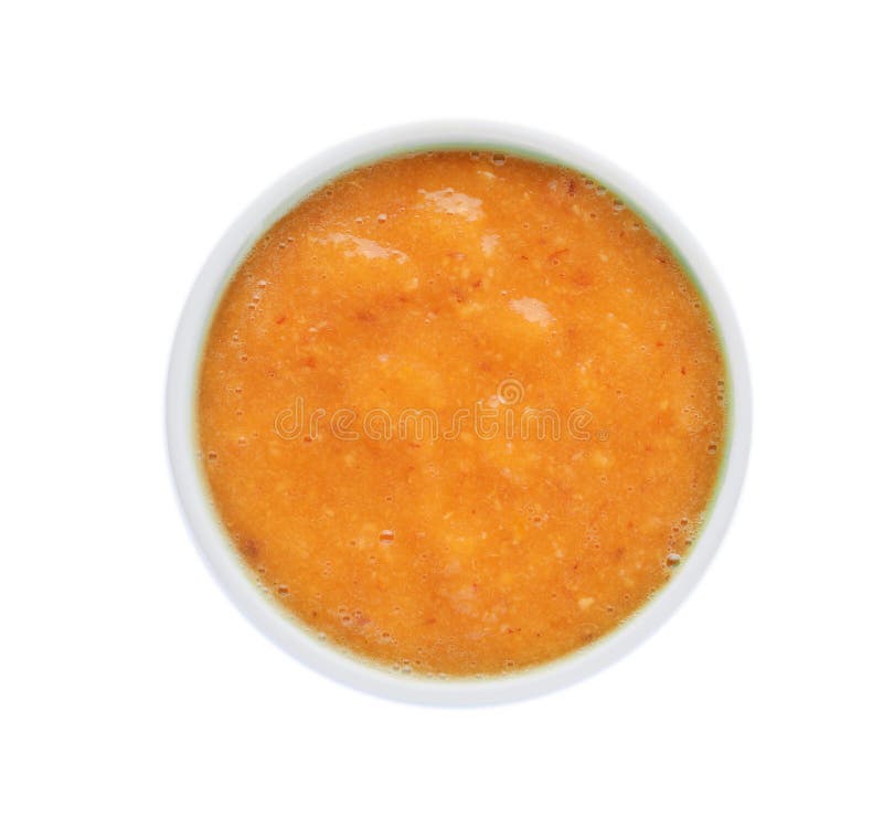 Fruit Puree in Bowl Isolated on White, Top View Stock Photo - Image of ...