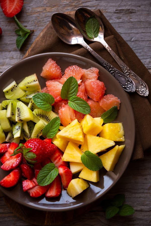 Fruit Salad with Cut Fresh Fruit and Mint Stock Image - Image of snack ...