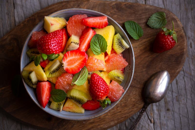 Fruit Salad with Cut Fresh Fruit and Mint Stock Image - Image of snack ...