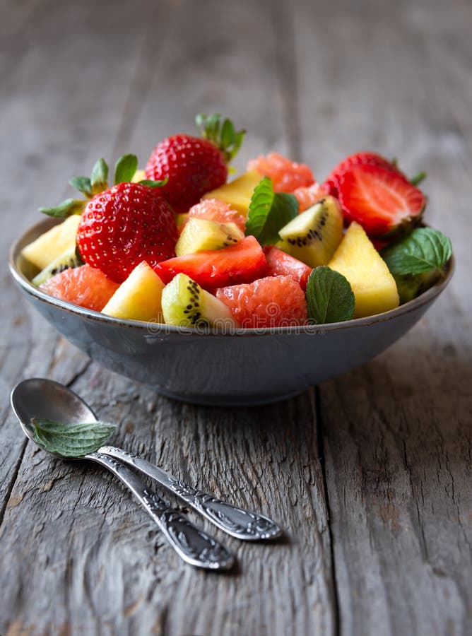 Fruit Salad with Cut Fresh Fruit and Mint Stock Photo - Image of kiwi ...