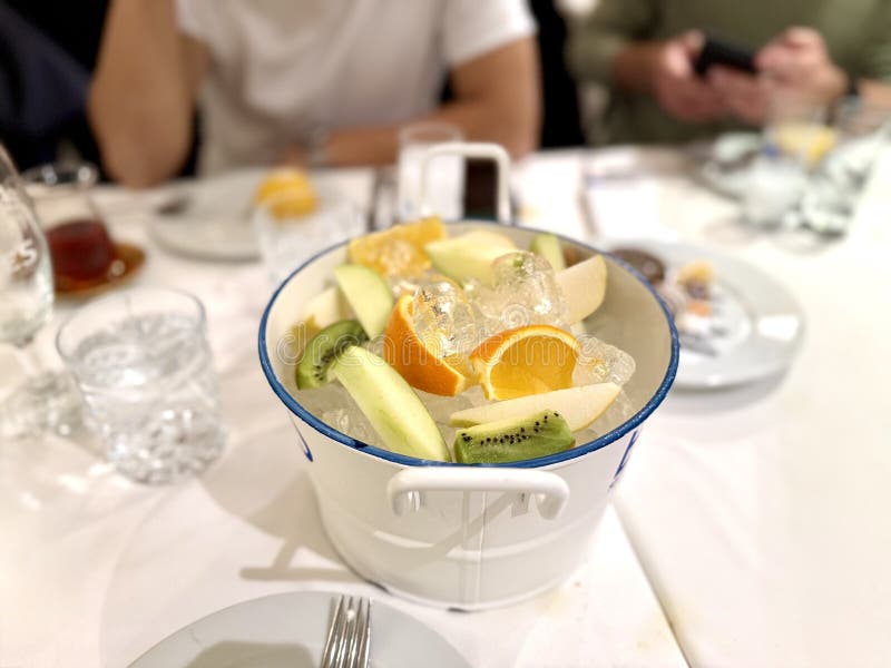 Fruit Salad with Ice Box at Fish Restaurant Stock Image - Image of ...