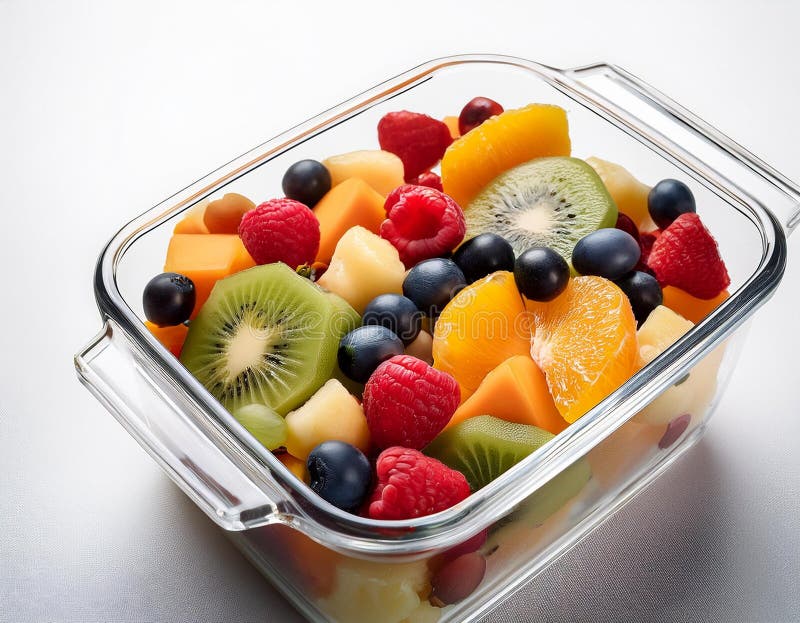 Fruit Salad with Mayonnaise in a Rectangular Glass Container. with a ...