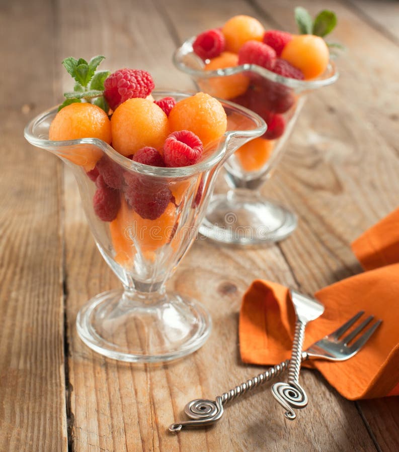 Fruit Salad with Melon Balls and Raspberries Stock Image - Image of ...