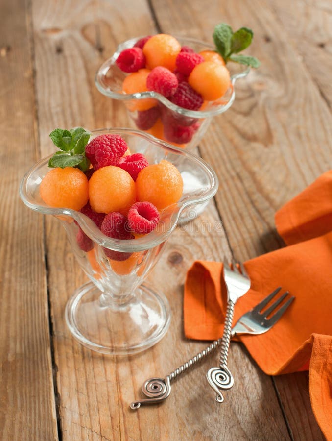 Fruit Salad with Melon Balls and Raspberries Stock Image - Image of ...