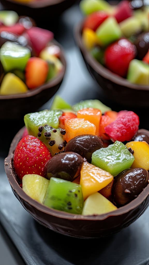 Fruit Salad Served in Edible Chocolate Egg Shells. Pic Stock Photo ...