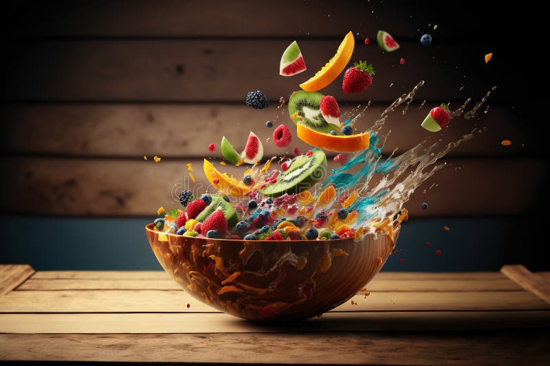 A Fruit Salad Splashing in a Bowl. Generative AI Stock Illustration ...