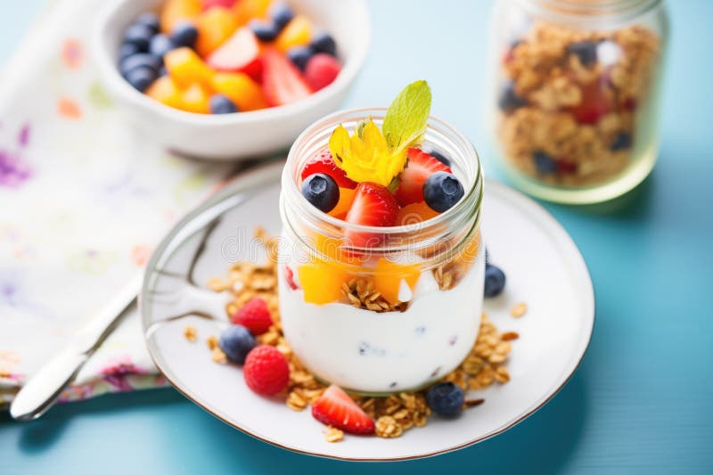 Fruit Salad with Yogurt Drizzle and Granola Topping Stock Image - Image ...