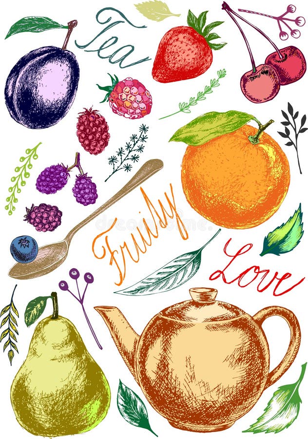 Fruit Set for Tea Preparation, Decorative Natural Vector, a Teapot with ...