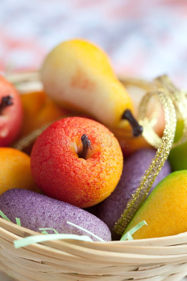 Fruit Shaped Candies in Macro Image of Marzipan Sweets in a Bask Stock ...