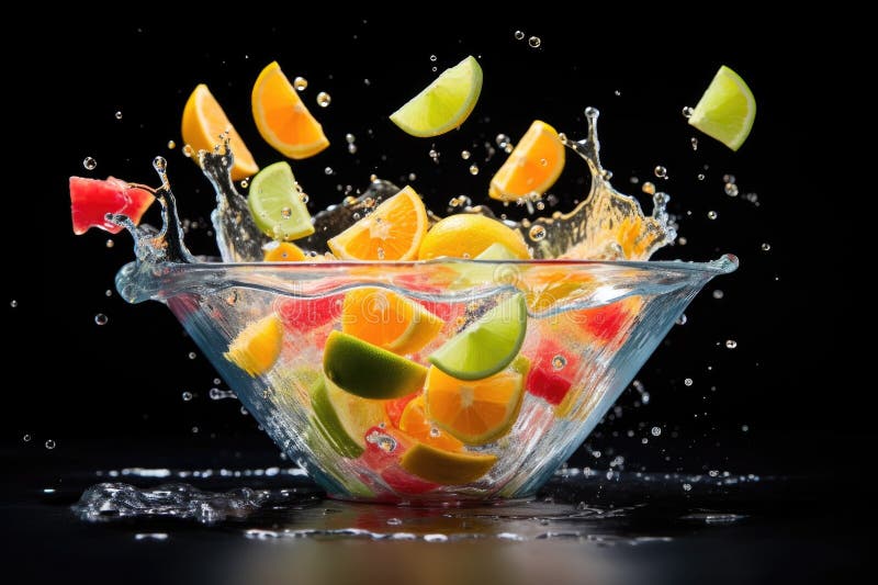 Fruit Slices Falling into Glass Bowl Stock Illustration - Illustration ...