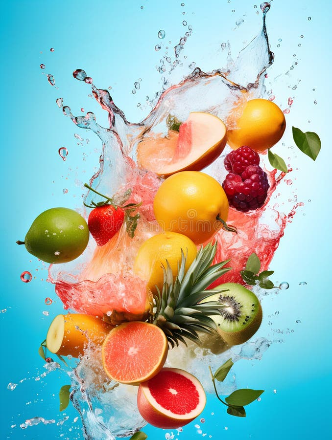 Fruit Splashing in Water on Blue Background. Mixed Fruits Stock ...