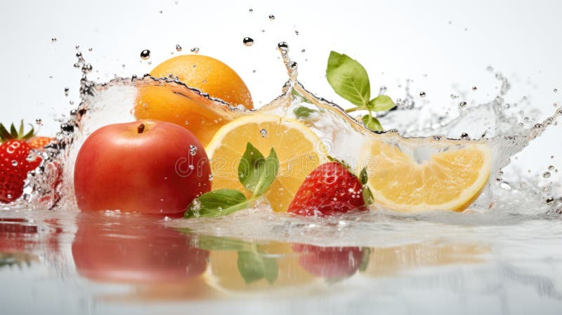 Fruit Splashing in Water on a White Background. Isolated Stock Photo ...