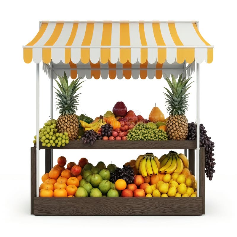 Fruit Stall with a Variety of Fruits and a Striped Canopy, Isolated on ...