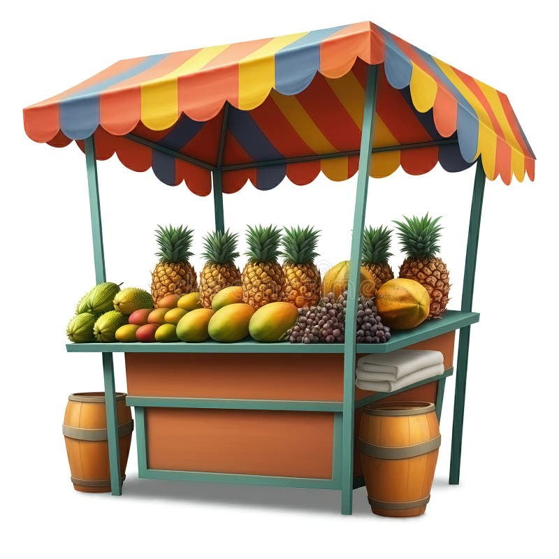 Fruit Stall with a Variety of Fruits and a Striped Canopy, Isolated on ...