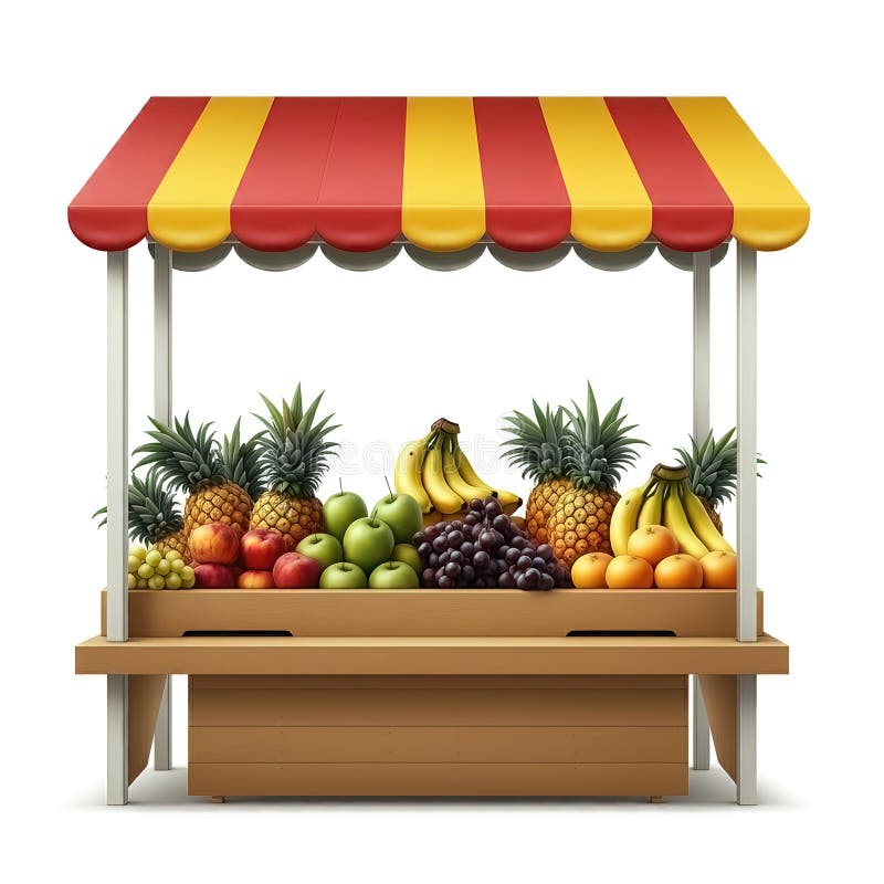 Fruit Stall with a Variety of Fruits and a Striped Canopy, Isolated on ...