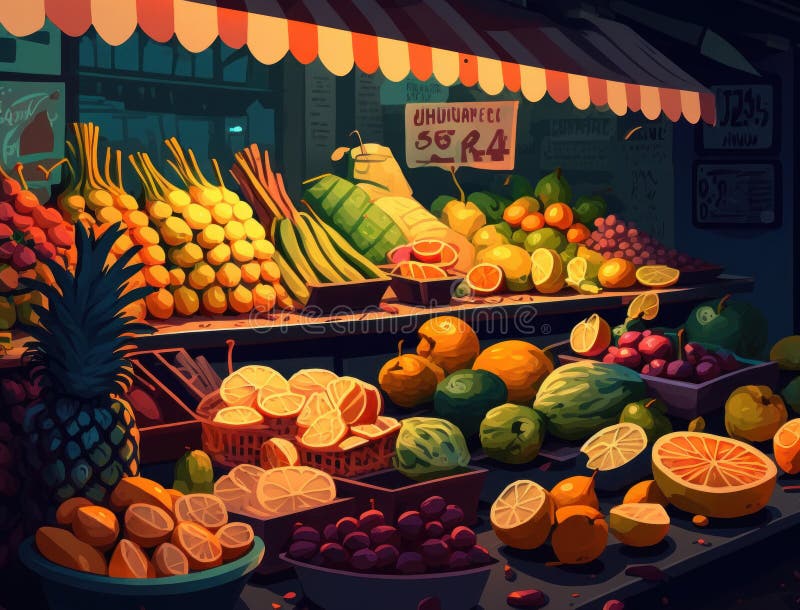 Fruit Stand at Night. Generative AI Stock Illustration - Illustration ...