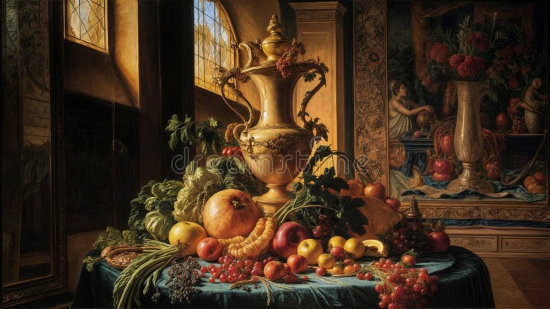 Fruit Still Life with Antique Vase and Vase on Table Stock Illustration ...