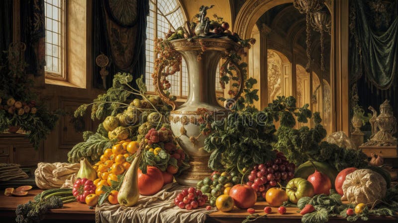 Fruit Still Life with Antique Vase and Vase on Table Stock Illustration ...