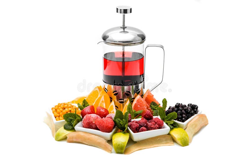 Fruit tea in glass teapot stock photo. Image of teacup - 85147376