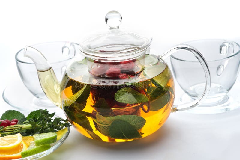 Fruit Tea with Mint Leaves in a Teapot Stock Image - Image of citrus ...