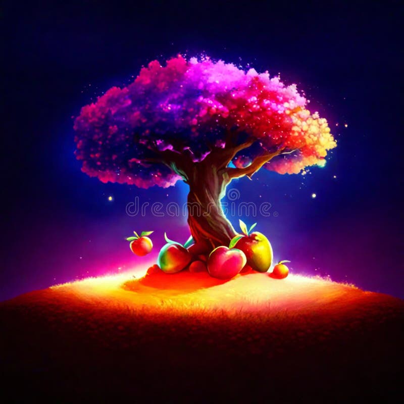 Fruit Tree on a Hill in the Night. 3d Rendering Generative AI Stock ...