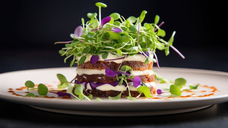A Dessert Plate Garnished with Light-colored Microgreens Stock ...