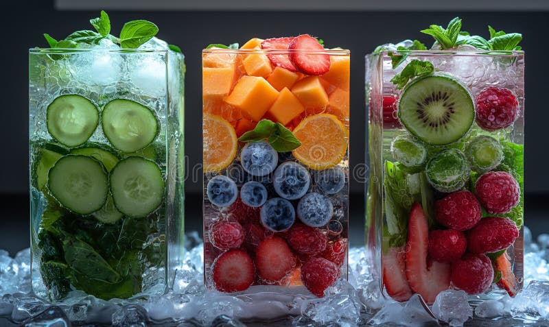 Fruit and Vegetable Drinks with Ice in Glasses Stock Image - Image of ...