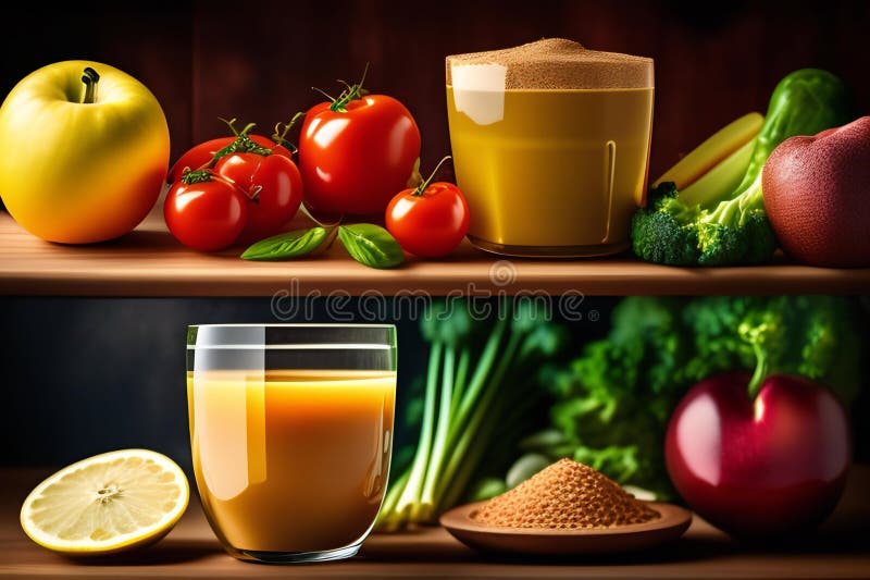 Fruit and Vegetable Juice in Glass with Ingredients on Wooden Shelf. 3d ...