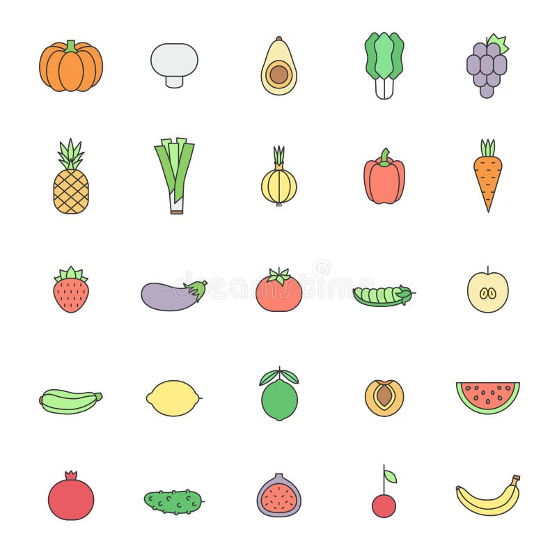 Fruit and Vegetable Multicolored Outline Vector Set. Minimalistic ... Fruit and Vegetable Multicolored Outline Vector Set. Minimalistic ...