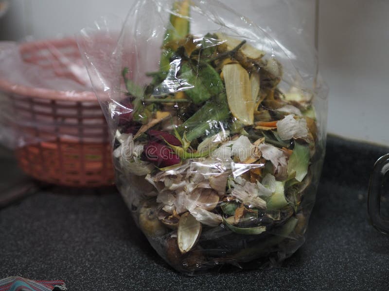 Fruit and Vegetable Peels Scraps in Plastic Bag in a Garbage Plastic ...