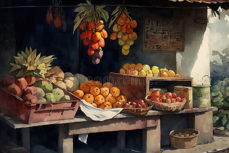 Fruit and Vegetable Stall at the Market. Watercolor Stock Illustration ...