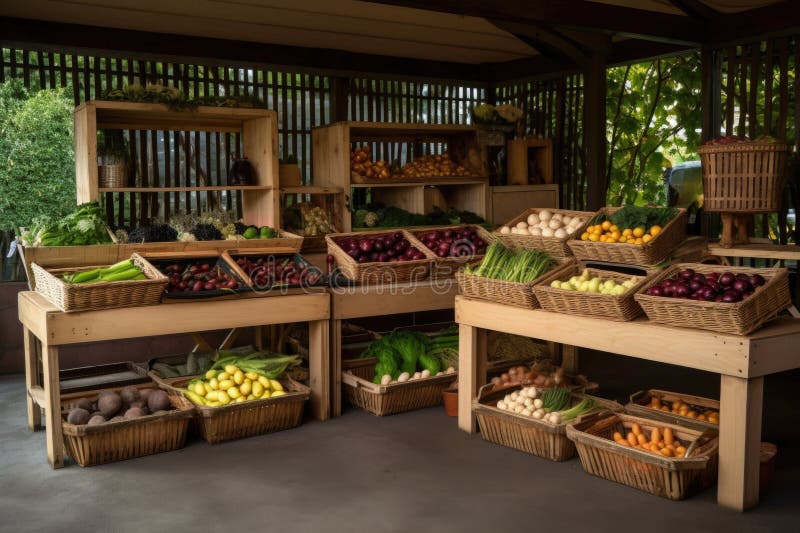 Fruit and Vegetable Stand with Fresh Produce, Crates, Bins, and Baskets ...