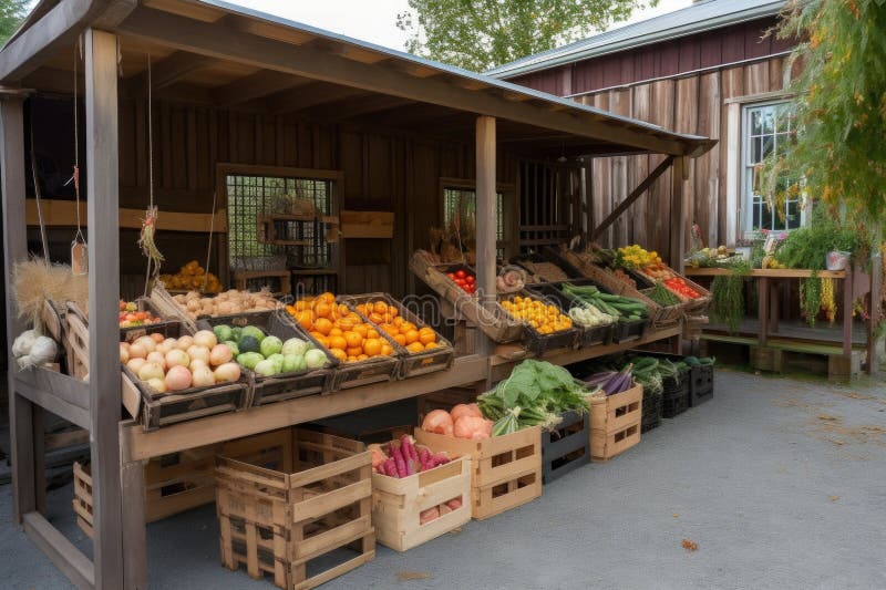 Fruit and Vegetable Stand with Fresh Produce, Crates, Bins, and Baskets ...